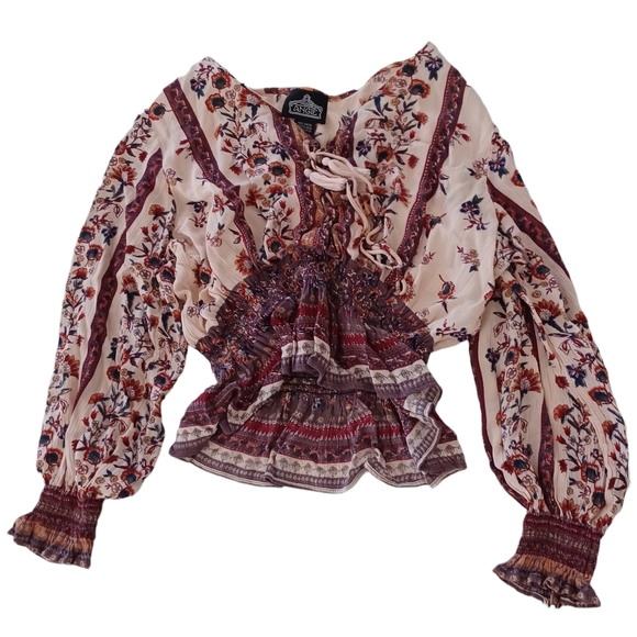 Angie | Tops | Angie Womens Boho Peasant Blouse Smocked Floral Eyelet ...